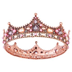 crowns for women, vofler rose gold birthday princess queen tiara cake topper baroque hair decor for girls bridal quinceanera wedding pageant halloween costume party w/crystal rhinestone pink pearls