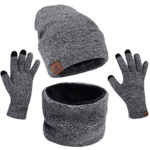 maylisacc knit beanie hats scarf and touchscreen gloves 3 pcs winter set fleece lined for men women cold weather grey