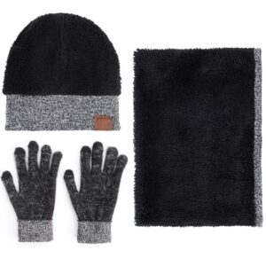 MAYLISACC Knit Beanie Hats Scarf and Touchscreen Gloves 3 Pcs Winter Set Fleece Lined for Men Women Cold Weather Grey