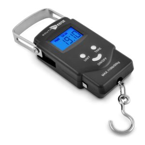 south bend digital hanging fishing scale and tape measure with backlit lcd display, 110lb/50kg weight capacity (batteries included)