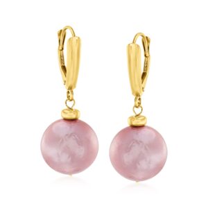 ross-simons 11.5-12.5mm pink cultured pearl drop earrings in 14kt yellow gold