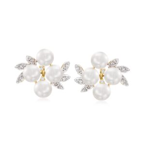 ross-simons 5.5-6mm cultured pearl cluster earrings with diamond accents in 14kt yellow gold