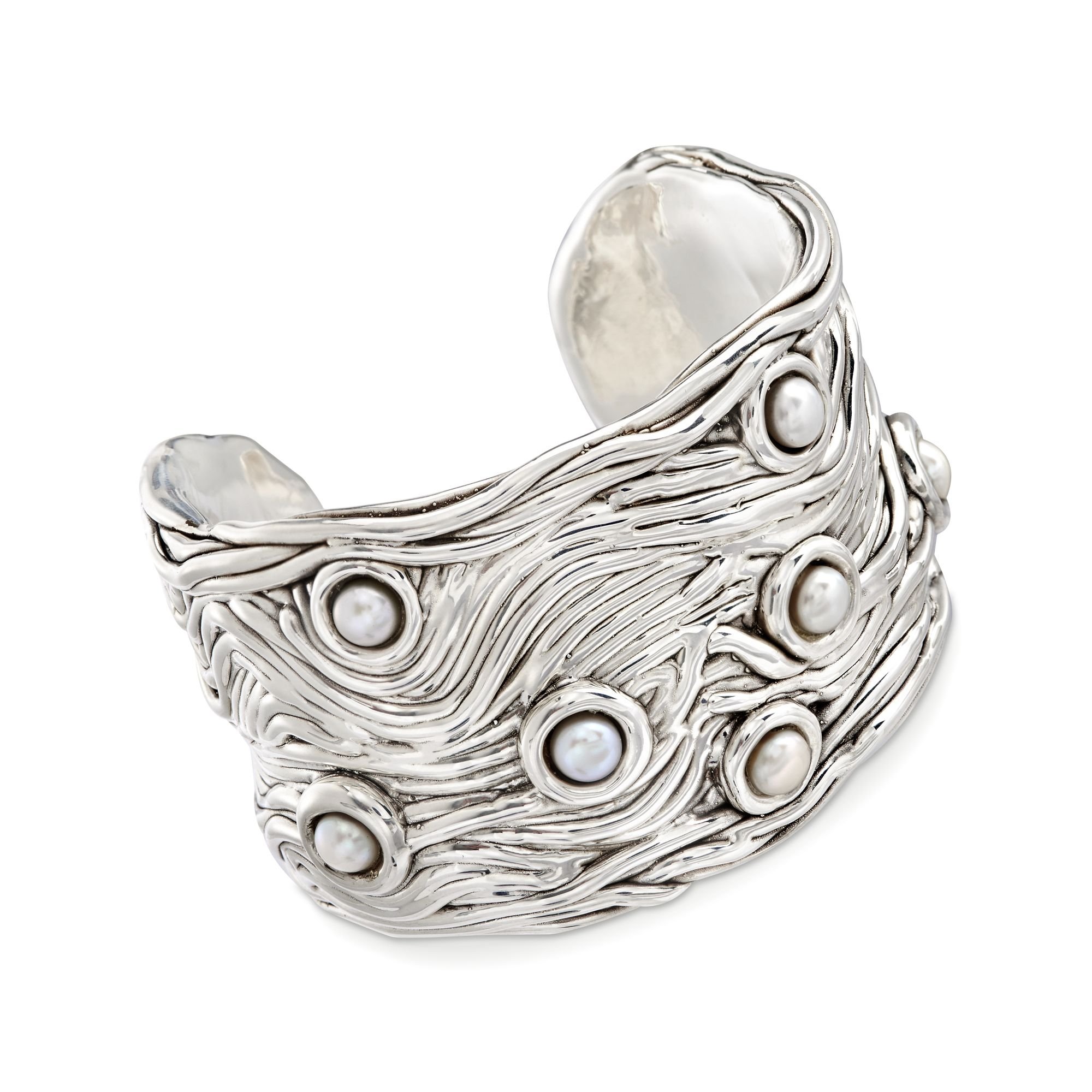 Ross-Simons 6-6.5mm Cultured Button Pearl Cuff Bracelet in Sterling Silver Over Resin. 8 inches