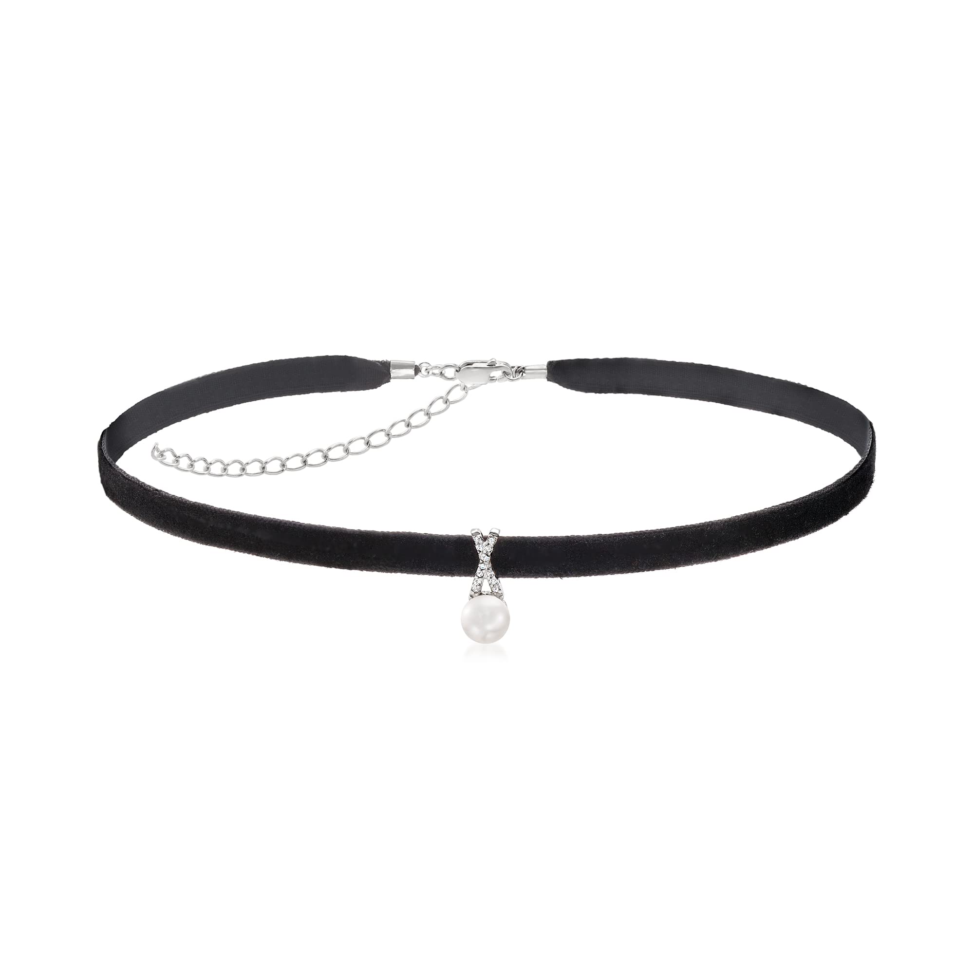 Ross-Simons 7-7.5mm Cultured Pearl and Diamond-Accented Pendant Choker Necklace With Sterling Silver and Black Velvet Cord. 13 inches