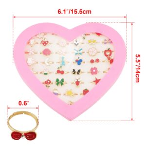 SUNMALL 36 pcs Adjustable Rings in Box, No Duplication, Children Kids Little Girl Pretend Play and Dress up Jewelry Set with Heart Shape Display Case, (A)