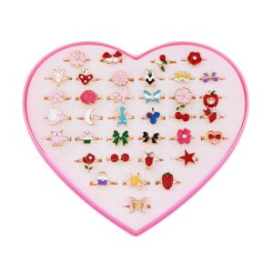 SUNMALL 36 pcs Adjustable Rings in Box, No Duplication, Children Kids Little Girl Pretend Play and Dress up Jewelry Set with Heart Shape Display Case, (A)