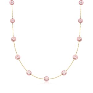 ross-simons 6-6.5mm pink cultured pearl station necklace in 14kt yellow gold. 18 inches