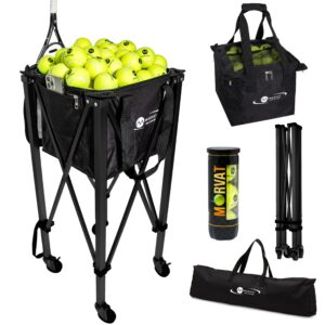 morvat heavy-duty pro tennis ball cart 2.0, holds 165 tennis balls- premium practice hopper, pickleball, compact & lightweight, cell phone zipper pocket, easy bag removal- 3 balls & carry bag included