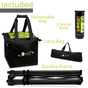 Morvat Heavy-Duty Pro Tennis Ball Cart 2.0, Holds 165 Tennis Balls- Premium Practice Hopper, Pickleball, Compact & Lightweight, Cell Phone Zipper Pocket, Easy Bag Removal- 3 Balls & Carry Bag Included