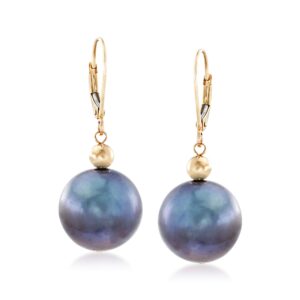 ross-simons 13-14mm black cultured pearl drop earrings in 14kt yellow gold