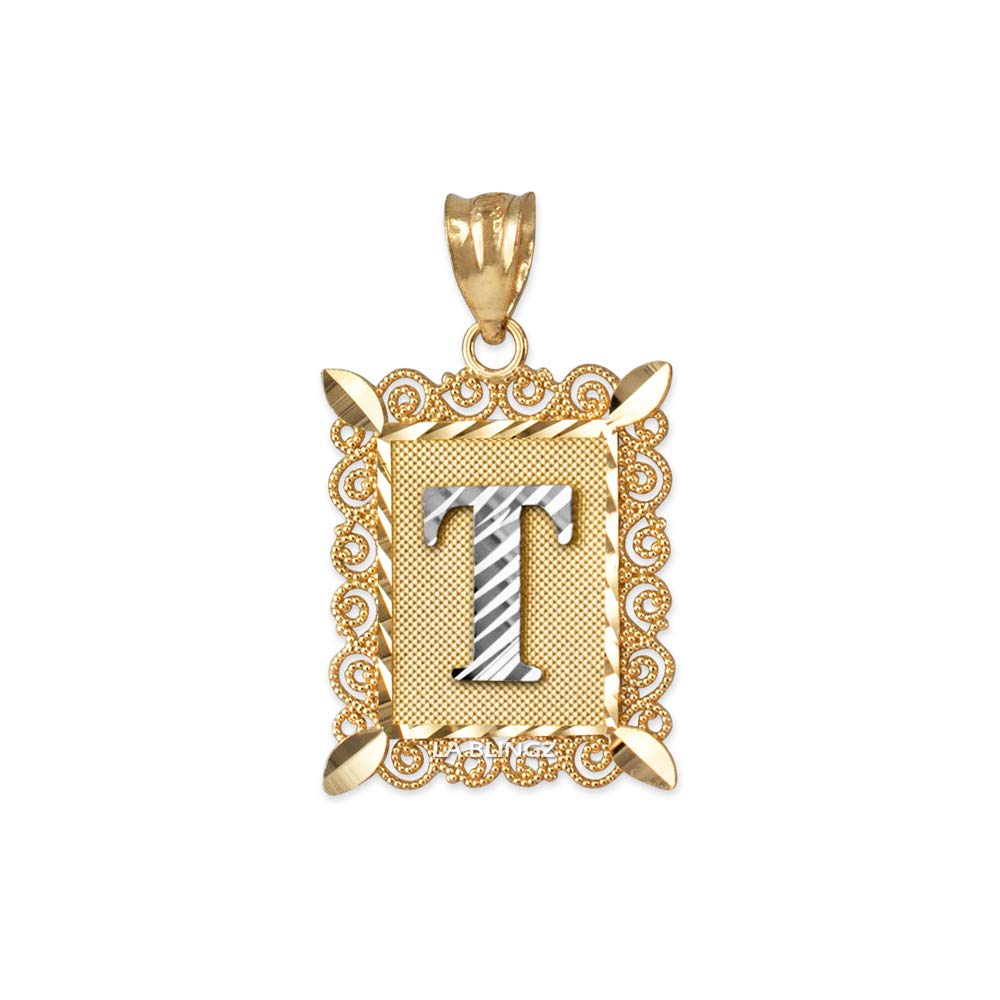 LA BLINGZ 14K Yellow Gold Filigree Alphabet Initial Letter T DC Charm Necklace (Pendant (no Chain))