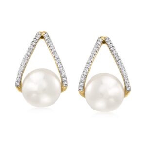 ross-simons 8-8.5mm cultured pearl and .12 ct. t.w. diamond drop earrings in 14kt yellow gold