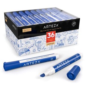 arteza dry erase markers, bulk pack of 36, chisel tip, blue color with low-odor ink, whiteboard pens