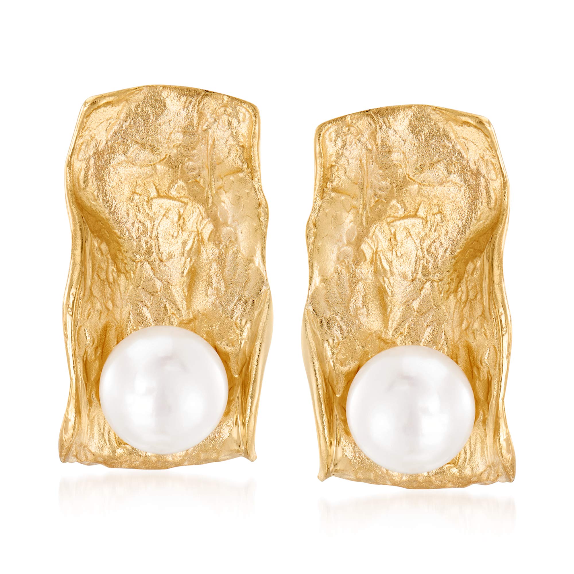 Ross-Simons Italian 7.5-8mm Cultured Pearl Sculptural Earrings in 18kt Gold Over Sterling