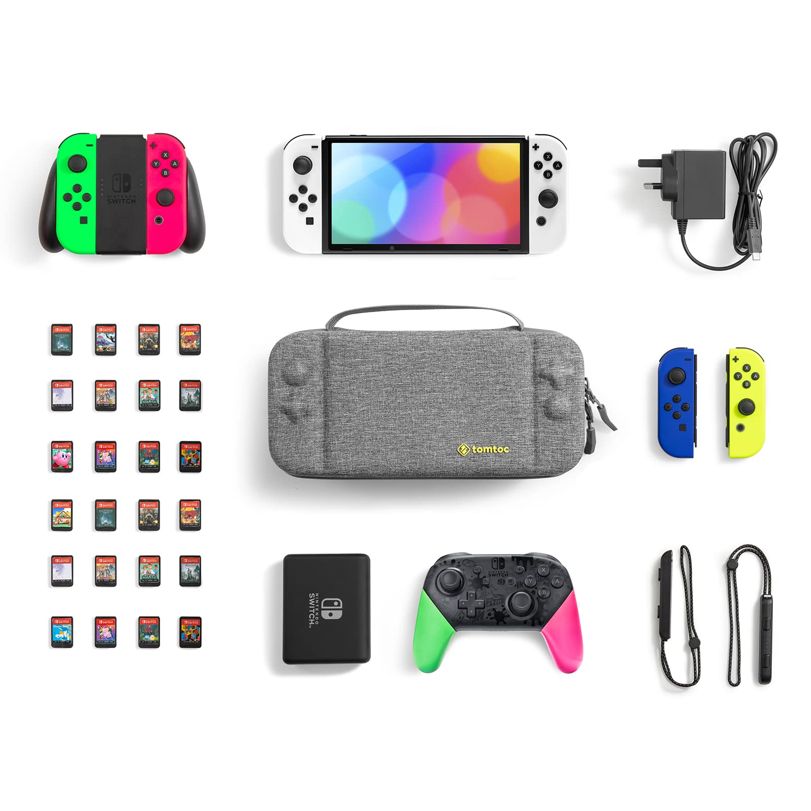 tomtoc Carrying Case for Nintendo Switch/OLED Model, Large Travel Switch Case with Pocket for Pro Controller, Joy con Grip or AC Adapter, Protective Portable Carry Case with 24 Game Cartridges