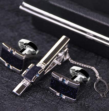 BagTu Starry sky Cufflinks and Tie Clip Set with Gift Box and Greeting Card, Galaxy Dark Blue Cufflinks and Tie Clip Gift Set for Men