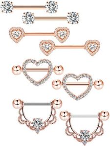 4 pairs stainless steel nipple rings tongue ring piercing body jewelry barbell cz heart shape rings for women (rose gold bar and white zirconia)