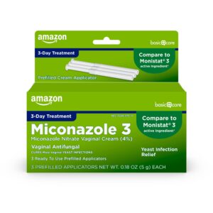 amazon basic care miconazole nitrate vaginal cream (4 percent), 3-day yeast infection treatment for women, 0.18 ounce - 3 count(pack of 1)