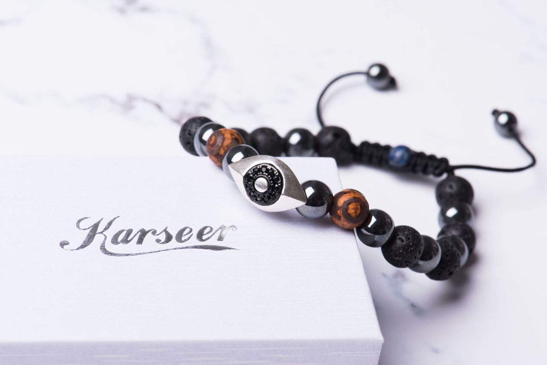 Karseer Vintage Silver and Black Plated Hamsa Evil Eye Reiki Bracelet Natural Hematite Agate Dzi Lava Rock Lapis Lazuli Beaded Macrame Adjustable Diffuser Bracelet