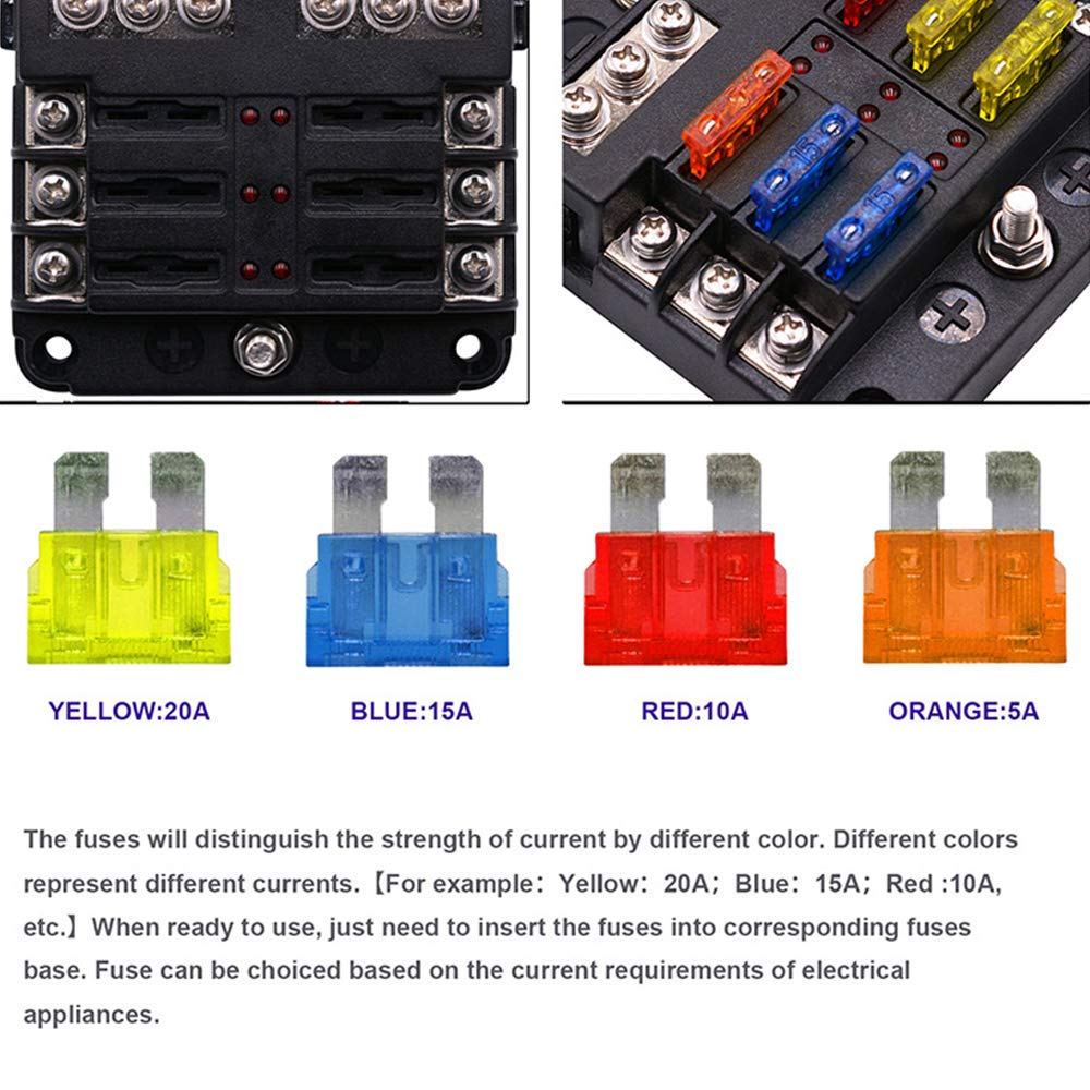 SOYOND 12 Volt Fuse Block, 6 Way Marine Fuse Block with Led Indicator Damp-Proof Cover 6 Circuits Fuse Box with Negative Bus Fuse Panel for Car Boat RV Truck Dc 12/24v