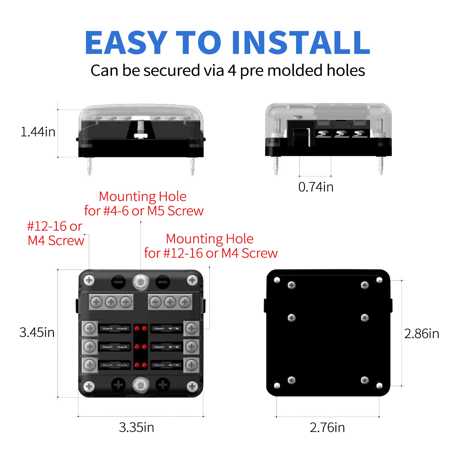 SOYOND 12 Volt Fuse Block, 6 Way Marine Fuse Block with Led Indicator Damp-Proof Cover 6 Circuits Fuse Box with Negative Bus Fuse Panel for Car Boat RV Truck Dc 12/24v