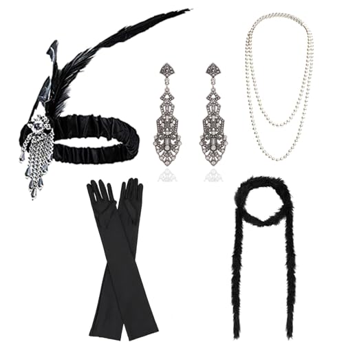 DRESHOW 1920s Great Gatsby Accessories for Women Flapper Headpiece Headband Gloves Costume Harlem Nights Accessories Set