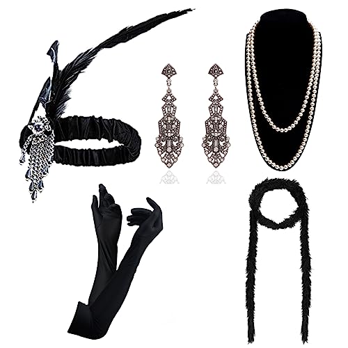 DRESHOW 1920s Great Gatsby Accessories for Women Flapper Headpiece Headband Gloves Costume Harlem Nights Accessories Set