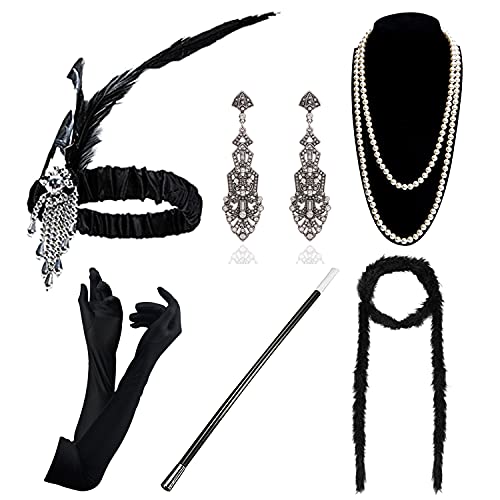 DRESHOW 1920s Great Gatsby Accessories for Women Flapper Headpiece Headband Gloves Costume Harlem Nights Accessories Set