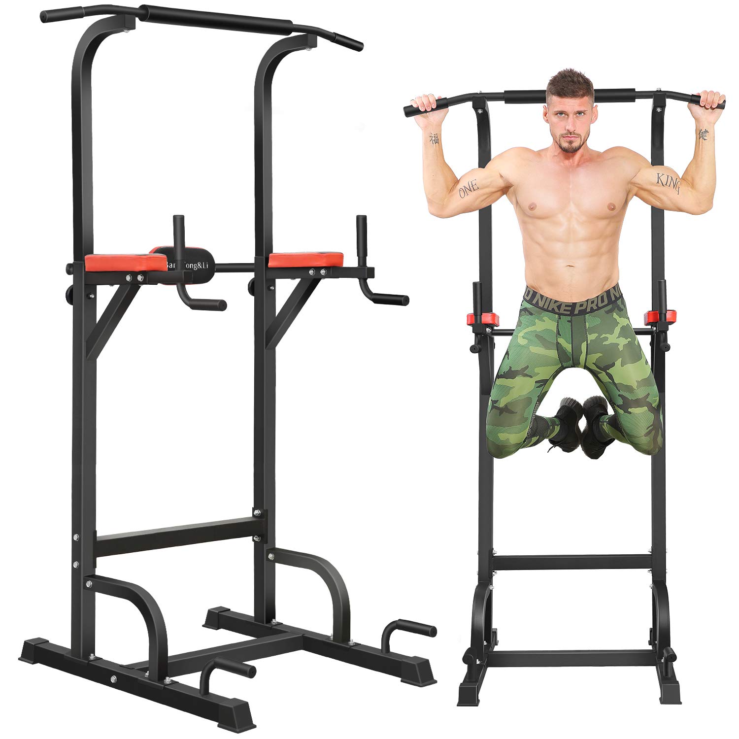 Power Tower, BangTong&Li Pull Up Bar Dip Station/stand for Home Gym Strength Training Workout Equipment(black+red)