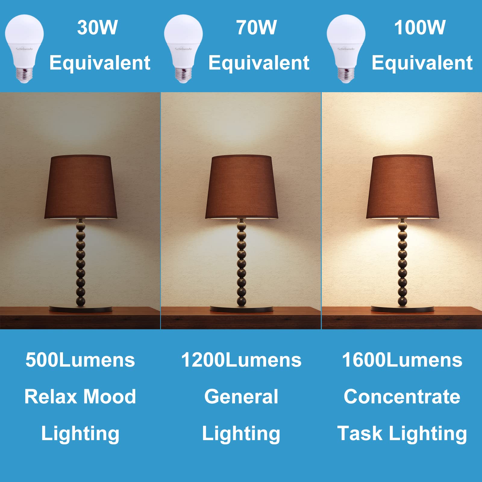 Scheinenda 3-Way Light Bulbs 30 70 100 Watt Equivalent, Perfect for Reading, Standard A19 Indoor Led Bulb Warm White 3000K, 15 Watt Energy Efficient Bulb, 1600 Lumens, 2Pack