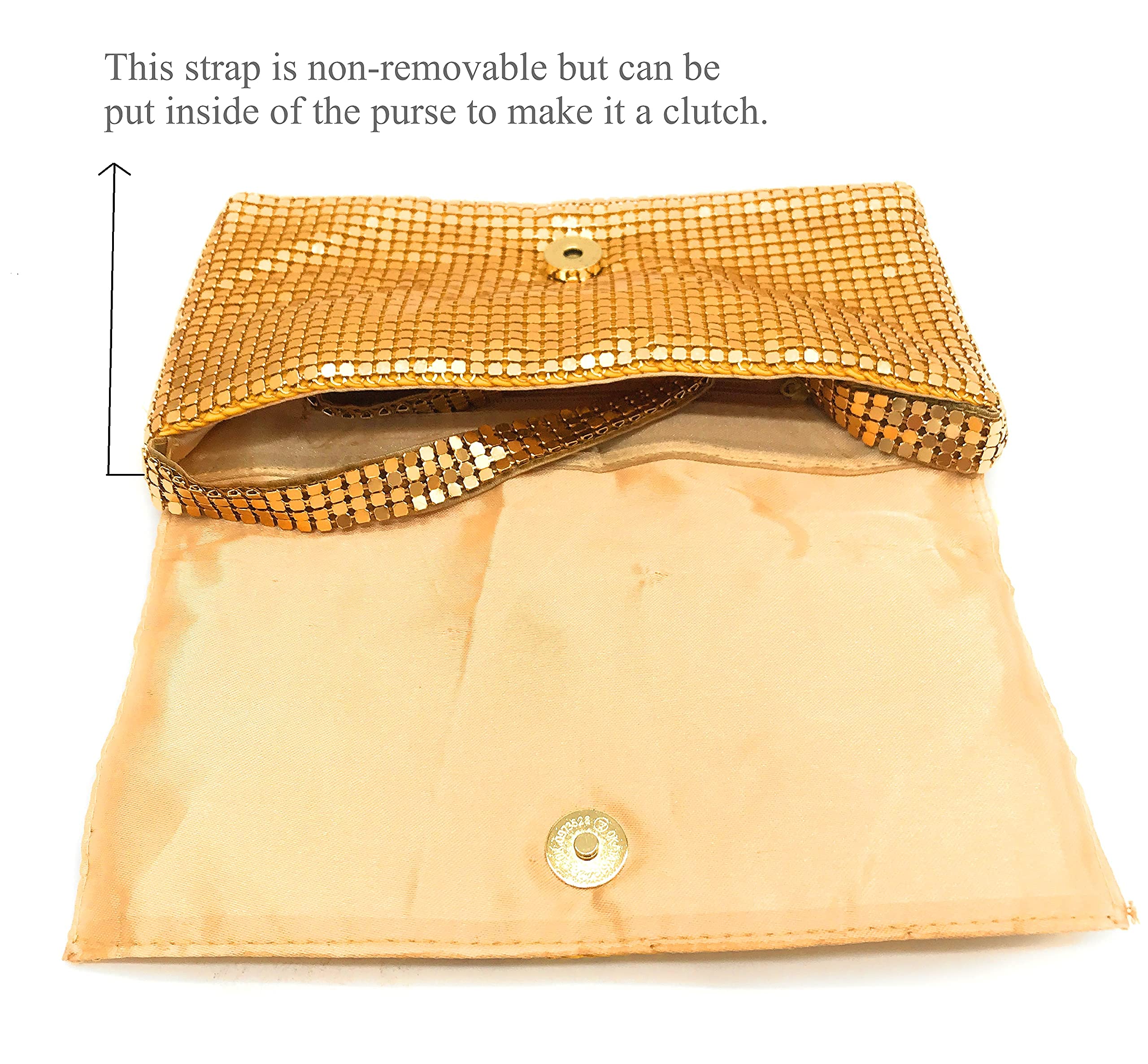 Women Vintage Evening Clutch Metal Mesh Purse with Short Shoulder Strap (Gold)