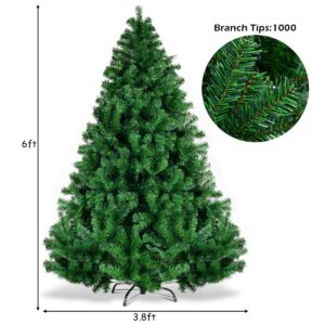 Goplus 6ft Artificial Christmas Tree, Premium Unlit Hinged Spruce Full Tree with 1000 Branch Tips, Metal Stand, Hinged Structure, Easy Assembly Festival Celebration Xmas Tree for Home, Office, Party