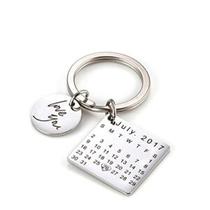 onlylove-handmade personalized engraved calendar date keychain custom message stainless steel keyring memorial keepsake gift for anniversary (silver)