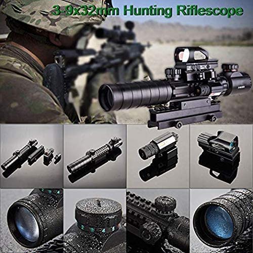 UUQ 3-9X32EG Tactical Rifle Scope Illuminated Red & Green Range Finder Reticle W/Reflex Sight & Green Laser Sight