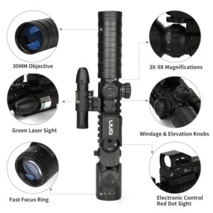 UUQ 3-9X32EG Tactical Rifle Scope Illuminated Red & Green Range Finder Reticle W/Reflex Sight & Green Laser Sight