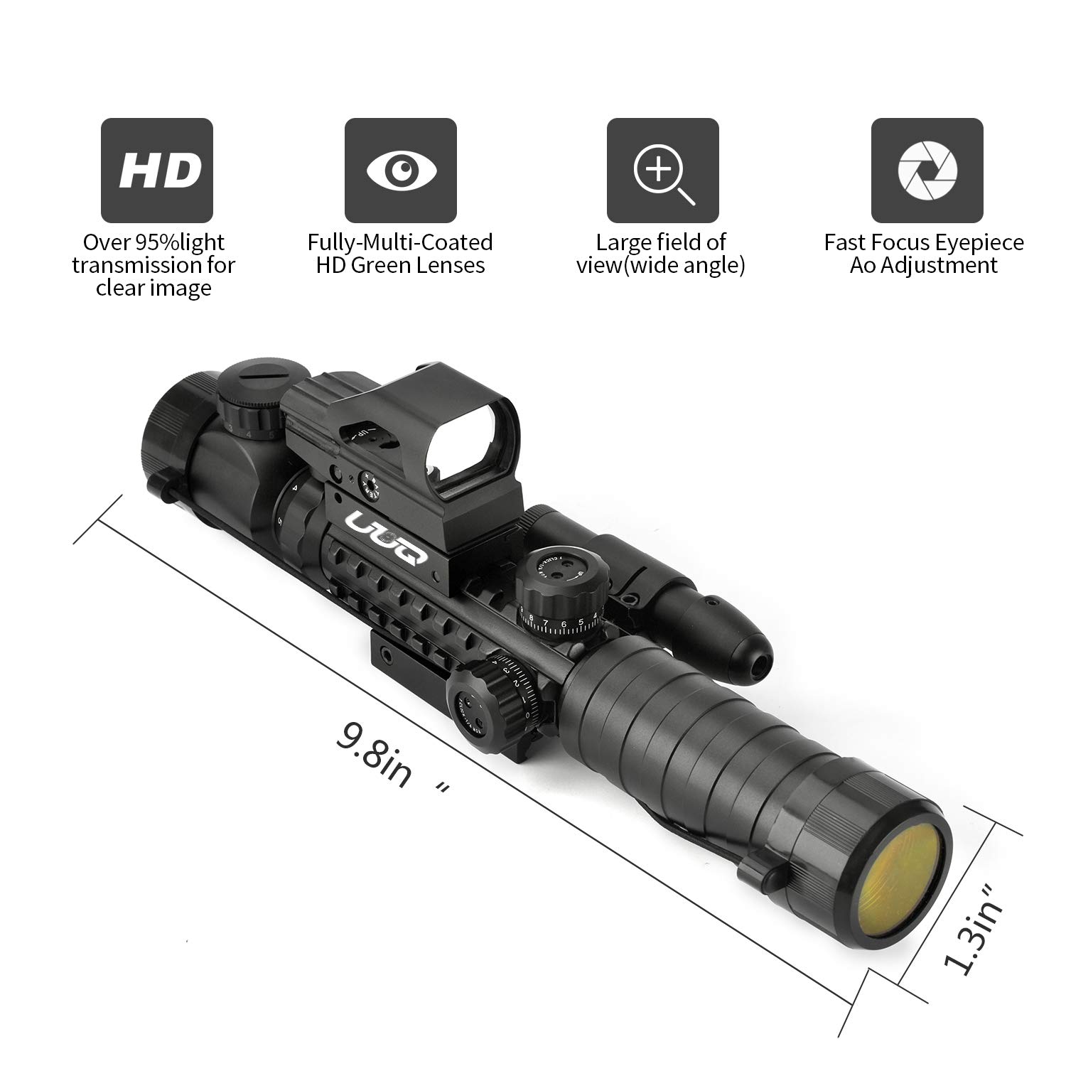 UUQ 3-9X32EG Tactical Rifle Scope Illuminated Red & Green Range Finder Reticle W/Reflex Sight & Green Laser Sight