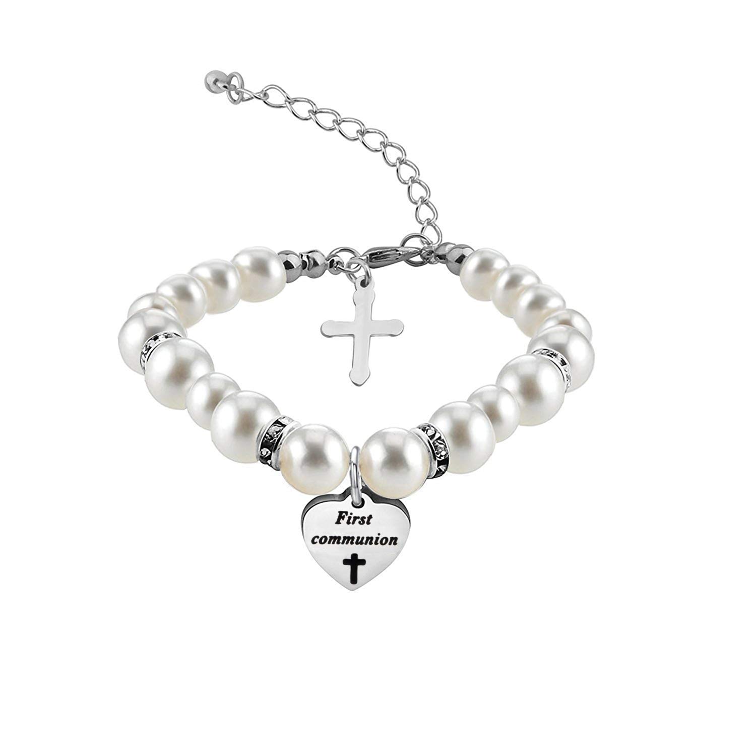 AKTAP Christening Gifts First Communion Bracelet Goddaughter Pearl Bracelet With Cross Charm (First Communion Bracelet)