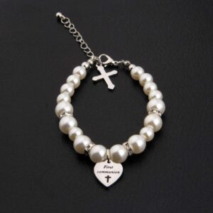 AKTAP Christening Gifts First Communion Bracelet Goddaughter Pearl Bracelet With Cross Charm (First Communion Bracelet)