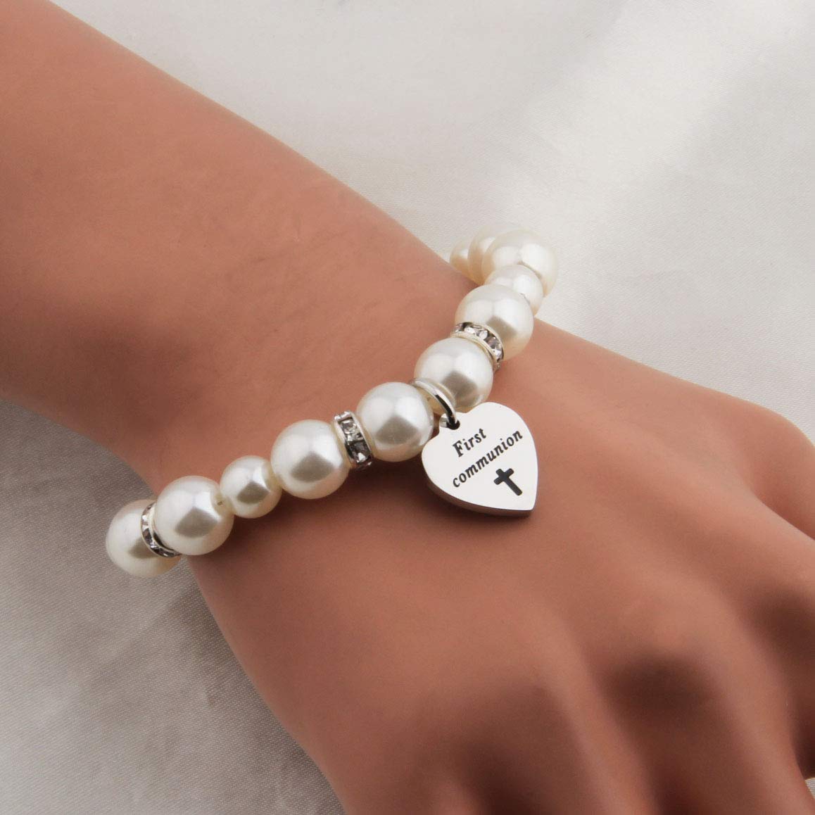 AKTAP Christening Gifts First Communion Bracelet Goddaughter Pearl Bracelet With Cross Charm (First Communion Bracelet)