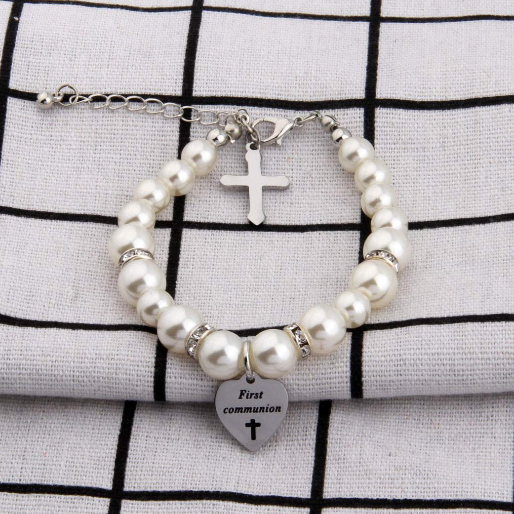 AKTAP Christening Gifts First Communion Bracelet Goddaughter Pearl Bracelet With Cross Charm (First Communion Bracelet)