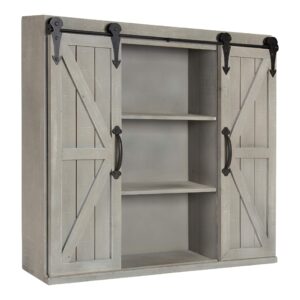 kate and laurel cates decorative wood wall storage cabinet with two sliding barn doors, rustic gray