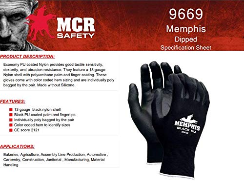 MCR Safety Work Gloves 13 Gauge Black Nylon Shell, Black Polyurethane Palm and Fingers, 9669 (12 Pair) (XL)