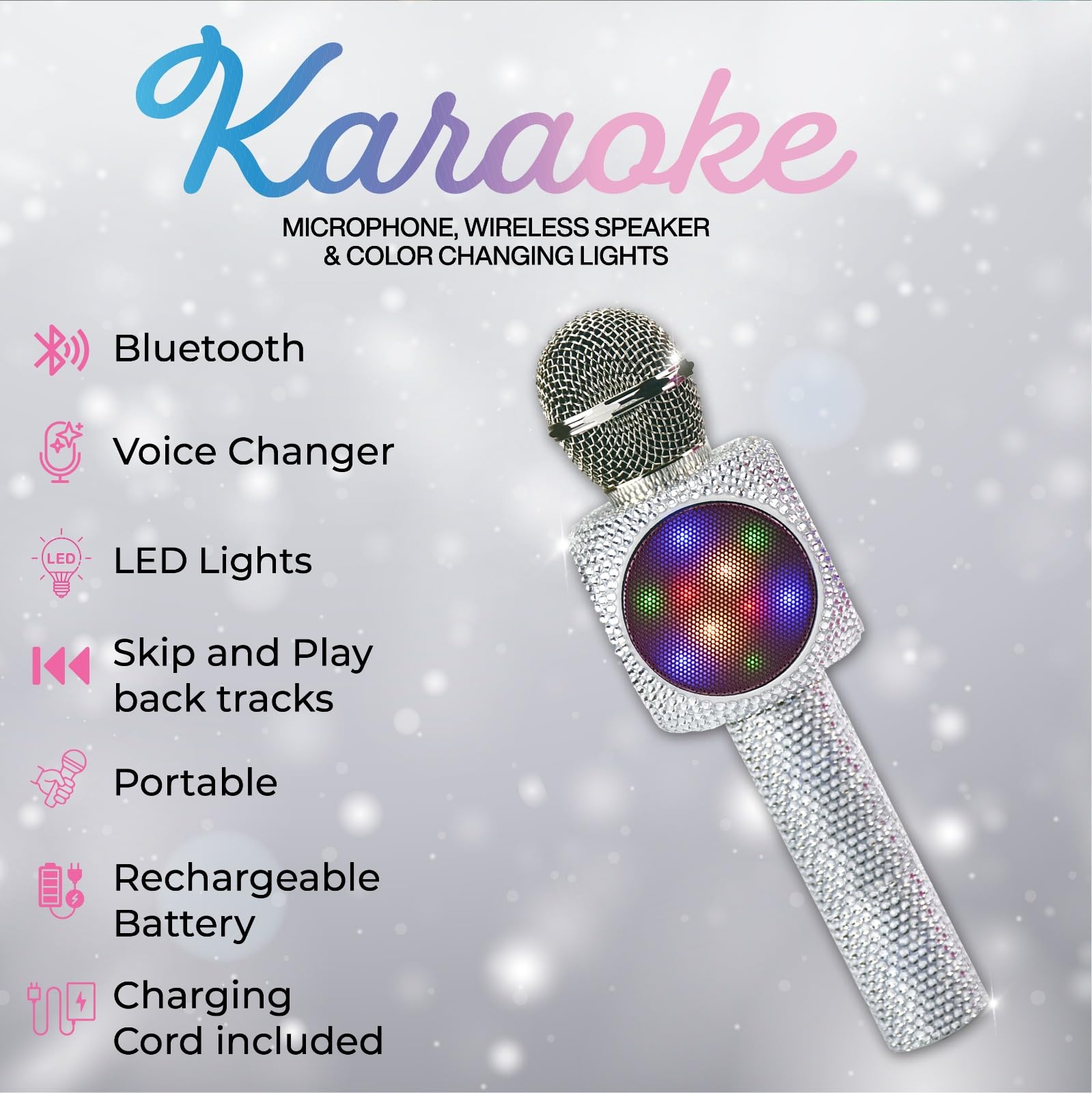 Wireless Express - Sing-Along Bling Bluetooth Karaoke Microphone and Bluetooth Stereo Speaker All-in-One (Silver Bling)