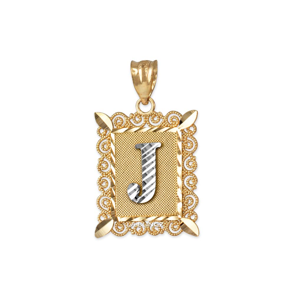 LA BLINGZ 14K Yellow Gold Filigree Alphabet Initial Letter J DC Pendant (S/L) (Large)