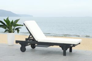 safavieh outdoor collection newport black/ beige cushion built-in side table adjustable chaise lounge chair