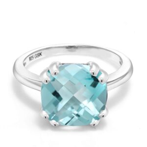 gem stone king 925 sterling silver sky blue topaz double prong ring for women (4.65 cttw, cushion checkerboard 10mm, gemstone birthstone, available in size 5, 6, 7, 8, 9)