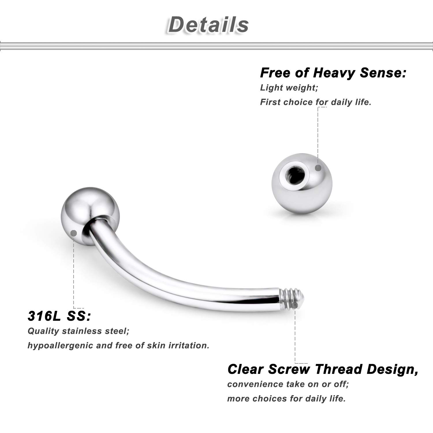 Ocptiy 16G Small Belly Button Ring Rook Eyerow Piercing Jewelry 16 Gauge Stainless Surgical Steel Curved Barbell Silver Vertical Lip Labret Navel Ring Stud Daith Earrings Piercing Jewelry Women 10mm