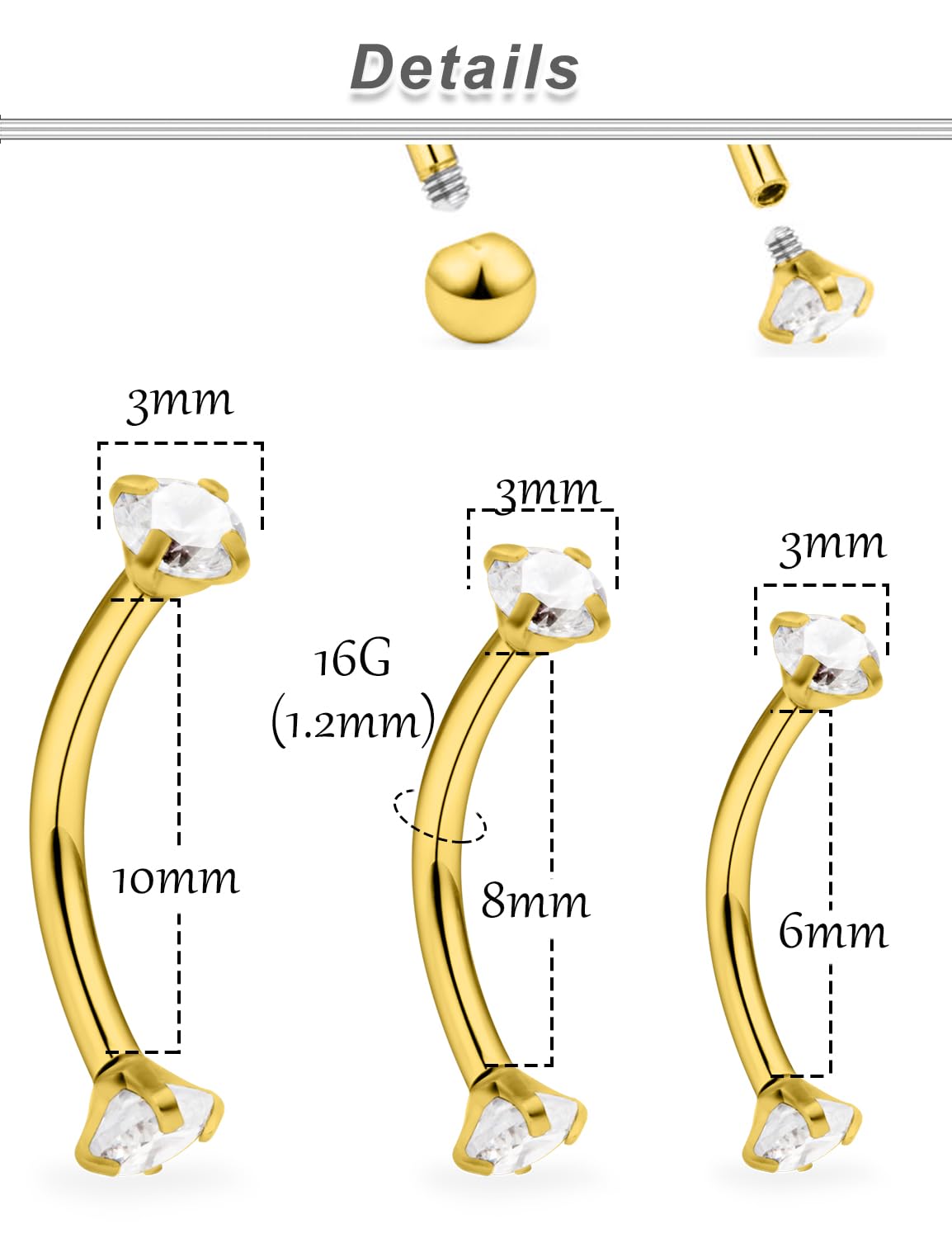 Ocptiy 16G Gold Rook Eyebrow Piercing jewelry Daith Earring Stainles Surgical Steel Curved Barbell Vertical Labret Lip Snake Frog Eye Tongue Belly Button Ring Piercing Jewelry Men Women 6mm 8mm 10mm