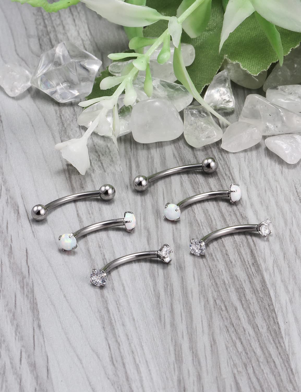 Ocptiy 16G Small Belly Button Ring Surgical Stainless Steel Curved Barbell Bar Eyebrow Navel Vertical Lip Labret Ring Helix Tragus Rook Daith Earring Stud Piercing Jewelry Women Men Silver 10mm Opal