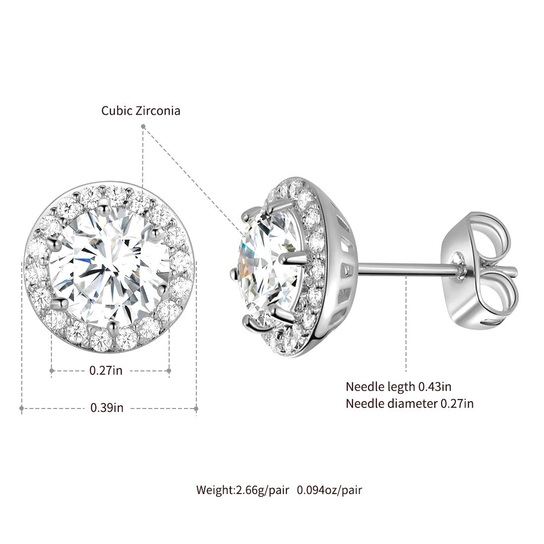 Gold Plated Cubic Zirconia Stud Earrings, Simulated Diamond Halo Stud Earrings with Large 7mm and 18pcs Small Bright CZ Earrings